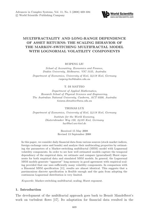 Pdf Multifractality And Long Range Dependence Of Asset Returns The Scaling Behavior Of The