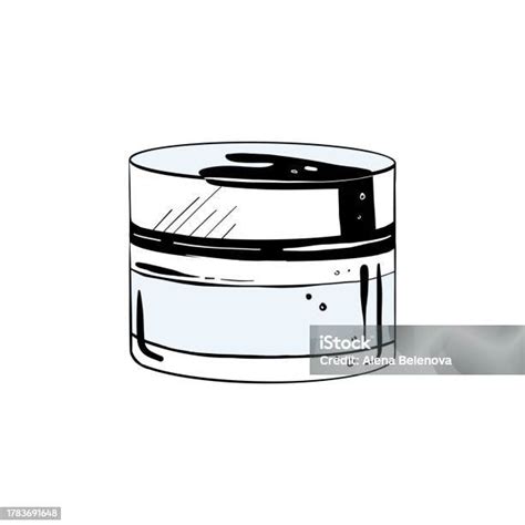 흰색 바탕에 얼굴 크림 항아리의 벡터 그림 뚜껑이 있는 닫힌 용기의 검은색 윤곽선 그래픽 그림 엽서 디자인 및 구성 장식 지문