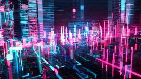 Digital Cityscape At Night Displaying Colorful Lights And Neon Patterns