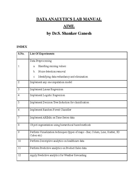 Data Analytics Lab Manual Aiml Experiments Overview Studocu