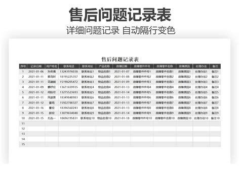 售后问题记录表 Excel模板 柚墨yomoer