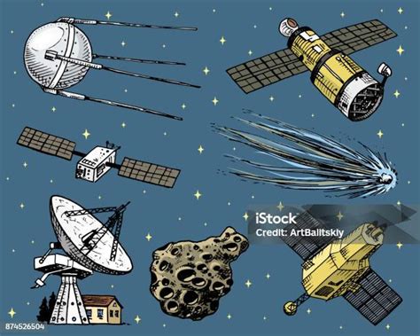 우주 왕복선 전파 망원경 혜성 소행성과 운 석 우주 비행사 탐사 오래 된 스케치 라벨에 대 한 빈티지 스타일에 새겨진된 핸드