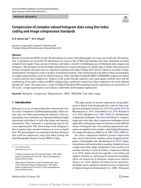 Compression Of Complex Valued Hologram Data Using Line Index Coding And Image Compression