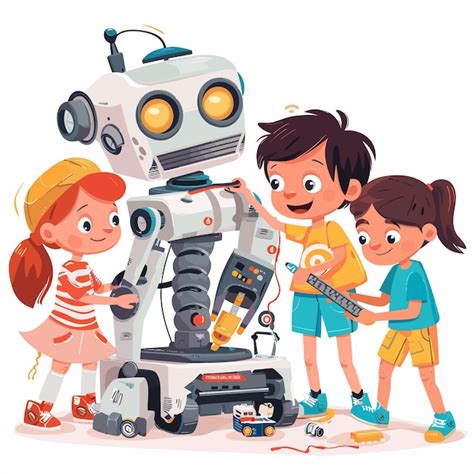 tres niños están jugando con un robot que dice niños vector premium