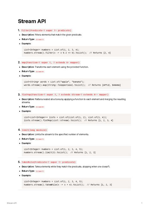 Stream Api Cheatsheet Stream Api 1 Stream Api 1 Filterpredicate