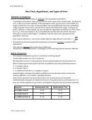 The Z Test And Types Of Error W Pdf STAT W The Z Test Hypotheses And Types