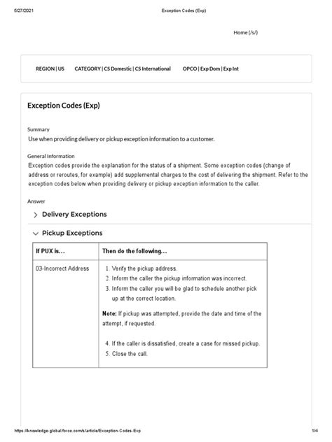 Pick Up Exception Codes Exp 2314 Pdf Computing