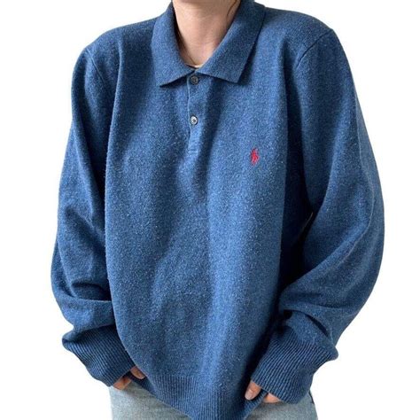 Vintage 1990s Polo Ralph Lauren Mens Blue 100 Lambs Wool Polo Sweater
