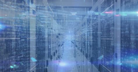 Image Of Data Processing And Light Trails Against Empty Computer Server