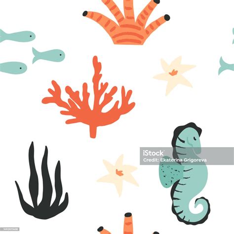 귀여운 바다 반복 바다 배경 수중 생물은 물고기 해마 식물 바다 백합 산호초 해초와 같은 꽃으로 손으로 그린 벡터 매끄러운 패턴입니다 귀여운에 대한 스톡 벡터 아트 및 기타