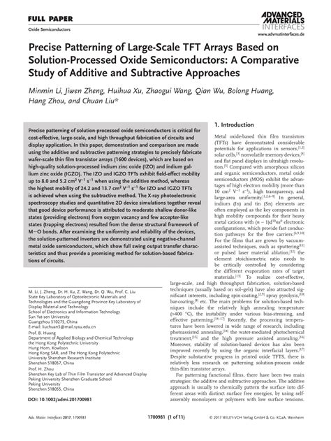 Pdf Precise Patterning Of Large Scale Tft Arrays Based On Solution Processed Oxide