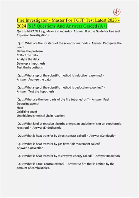 Fire Investigator Master For Tcfp Test Latest 615 Questions And Answers Graded A Fire