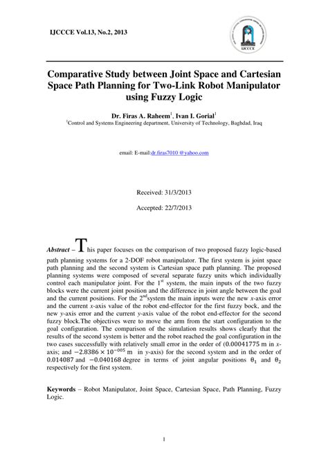 PDF Comparative Study Between Joint Space And Cartesian Space Path