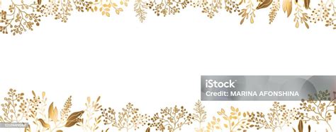 황금 가지와 잎으로 만든 꽃 프레임 고급스러운 황금 벽지 그림의 상단과 하단에 흰색 배경과 아름다운 잎 벡터 그림입니다 0명에 대한 스톡 벡터 아트 및 기타 이미지 Istock