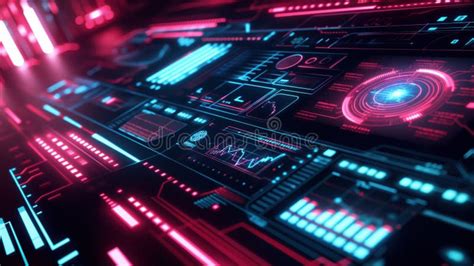 Futuristic Neon Interface With Luminous Data Panels Plus Red Blue
