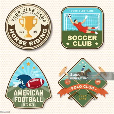 미식 축구 축구 폴로 및 승마 클럽 자수 패치 세트 벡터 축구 미식 축구 스포츠맨 선수 헬멧 볼 라이더 및 말 실루엣이있는 스티커 디자인 미식 축구공에 대한 스톡 벡터 아트