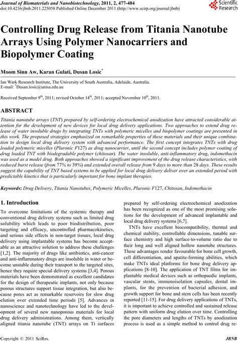 Controlling Drug Release From Titania Nanotube Arrays Using Polymer Nanocarriers And Biopolymer