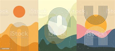 벡터 그림입니다 미니멀 한 풍경 추상 포스터 세트 현대적인 배경 중반 세기 벽 장식 엽서 책 표지 브로셔 잡지 전단지 소셜 미디어를 위한 디자인 요소 엽서에 대한 스톡 벡터