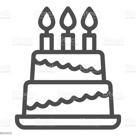 생일 층 케이크 라인 아이콘 생일 컵 케이크 개념 흰색 배경에 두 계층 케이크 기호 초콜릿 유약과 촛불 아이콘이있는 디저트는 모바일을위한 윤곽 스타일 벡터 그래픽 2 층침대