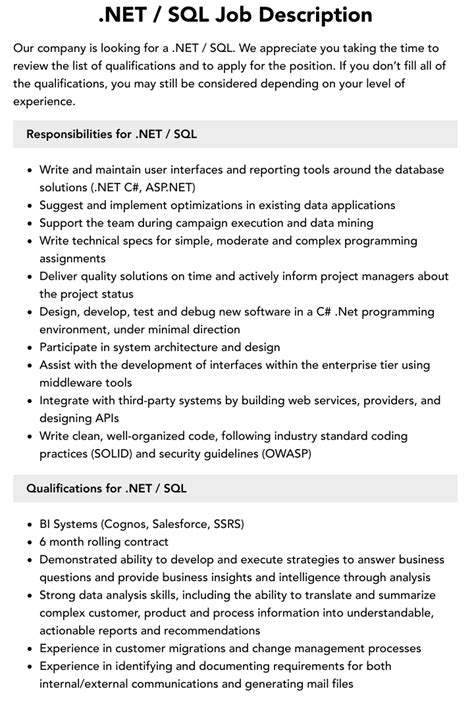 Net Sql Job Description Velvet Jobs