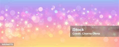 반짝이는 별이 있는 무지개 유니콘 파스텔 배경 핑크 판타지 하늘 보케가 있는 홀로그램 공간 요정 무지개 빛깔의 그라데이션 배경 벡터 공주에 대한 스톡 벡터 아트 및 기타