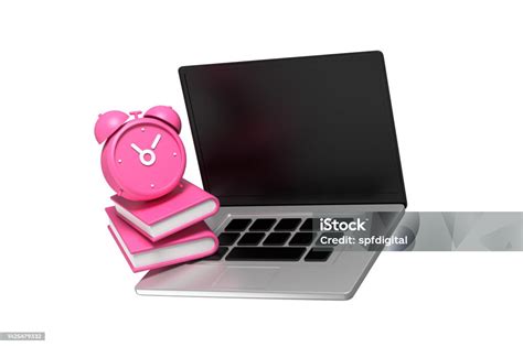 책과 알람 시계가있는 컴퓨터 노트북 학교로 돌아 가기 온라인 학습 교육 개념 사무실에서 일할 시간 흰색 배경에 고립 된 만화