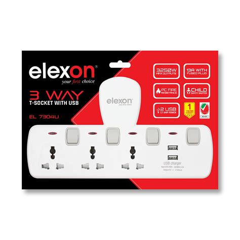 Buy Elexon EL 7304U T Socket Universal Extension Power Adapter With 2 USB Wall Socket 3 Way