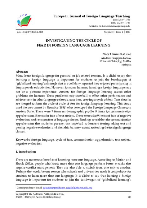 Pdf Investigating The Cycle Of Fear In Foreign Language Learning