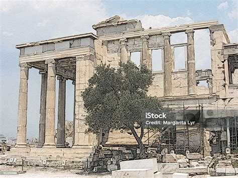 Erechtheum 아테네 아크로폴리스 그리스 고 대 그리스 사원 파괴 열 보기입니다 고 대 유명한 건물입니다 디지털 아트 컬러