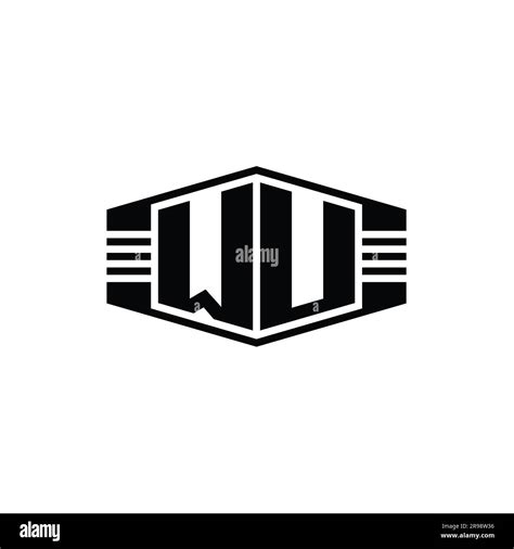 Wu Letter Logo Monogram Hexagon Emblem Shape With Stripes Outline Style Design Template Stock
