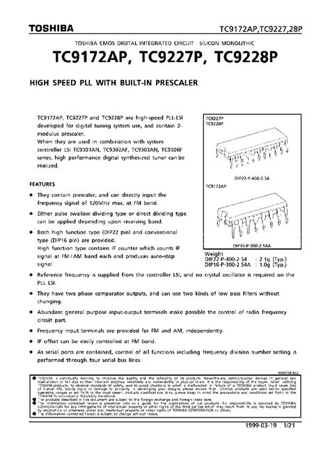 Tc9127ap Datasheet 1 21 Pages Toshiba High Speed Pll With Built In Prescaler