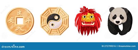 Chinese Culture Symbols With Mask Panda Bear Golden Coin And Yin Yang