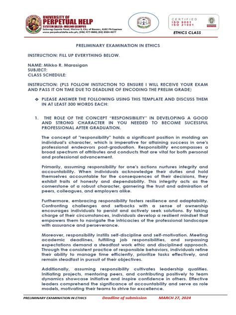 Sy 2023 2024 Ethics Prelim Exam Second Sem Pdf Mindset Disciplines