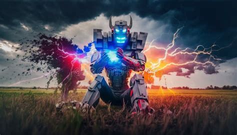 exploding ai metaverse robot with digital art style electric man superhero uses evil forces