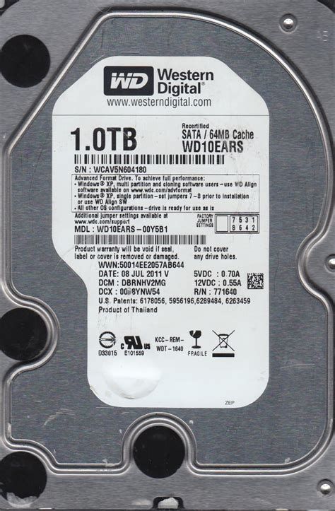 WD10EARS-00Y5B1, DCM DBRNHV2MG, Western Digital 1TB SATA 3.5 Hard Drive ...