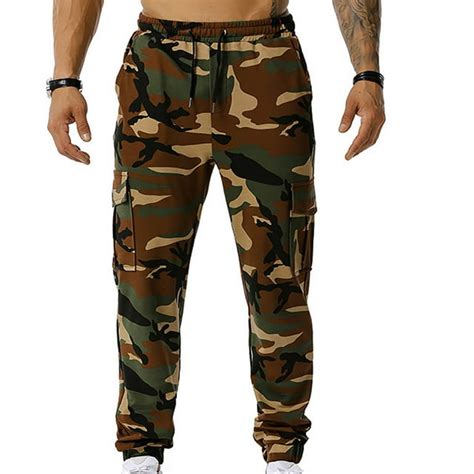 Jsaierl Mens Camo Cargo Pants Slim Fit Drawstring Elastic Waist Outdoor Workout Trouser