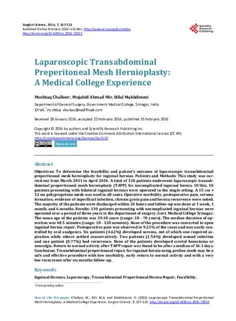 Pdf Laparoscopic Transabdominal Preperitoneal Mesh Hernioplasty A Medical College Experience