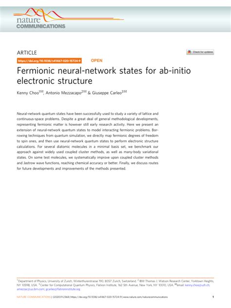 Choo Et Al 2020 Fermionic Neural Network States For Ab Initio
