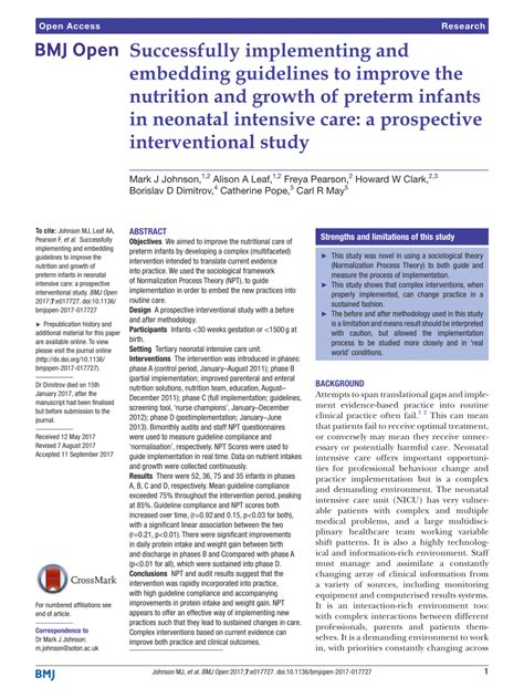 Pdf Successfully Implementing And Embedding Guidelines To Improve The Nutrition And Growth Of