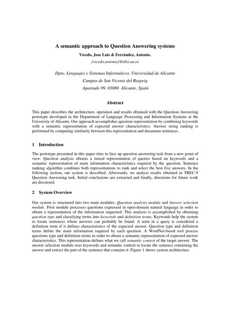 Pdf A Semantic Approach To Question Answering Systems