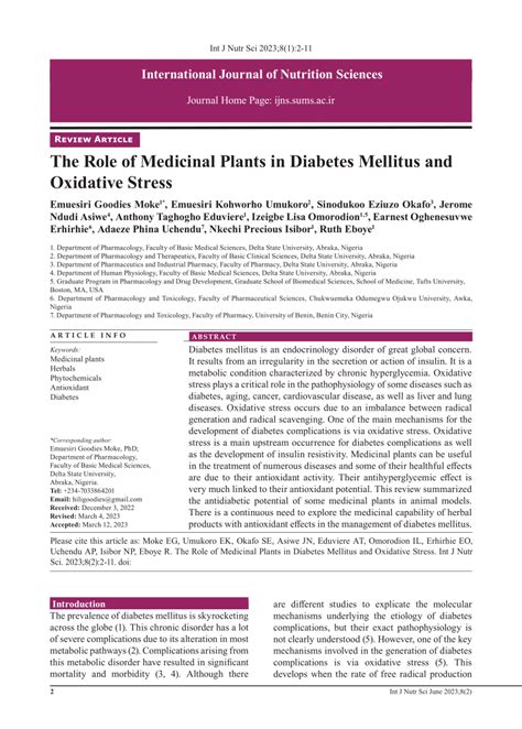 Pdf Role Of Medicinal Plants In Diabetes Mellitus And Oxidative Stress