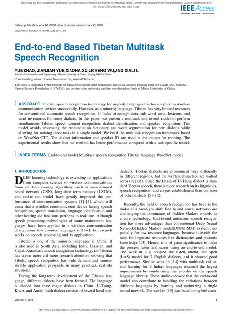 Pdf End To End Based Tibetan Multitask Speech Recognition