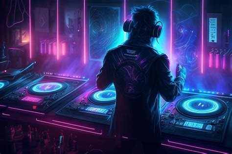 제너레이티브 Ai 기술로 만든 나이트클럽 파티에서 전자 음악을 믹싱하는 Dj 플레이어 오디오 프리미엄 사진