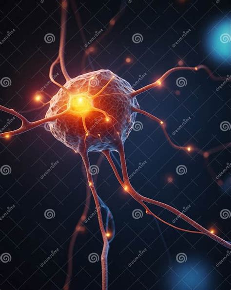 A Drawing Of A Neuron With Lights On Dark Blue Background Stock