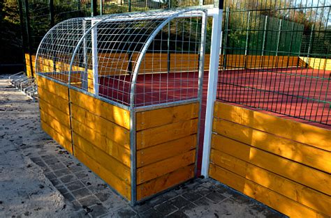 학교에서 볼 게임을 위한 다기능 야외 놀이터 선이 있는 플라스틱 카펫에서 녹색 인공 잔디 농구 골대와 축구 목표 잡는 높은 그물과 가드 레일 주변 스포츠 체육관 밧줄에 대한