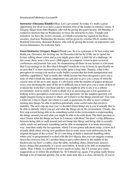 Lecture Transcriptions Introduction To Robotics Lesson 9 Docsity