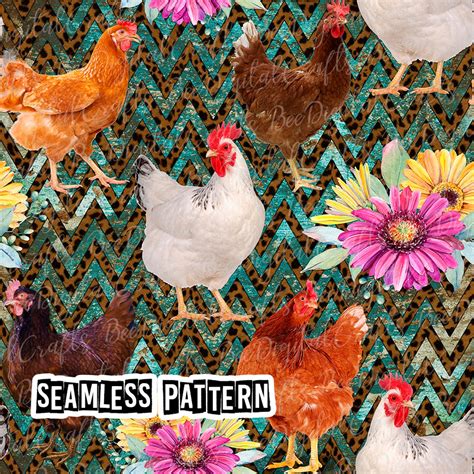 Seamless Pattern Chicken With Flower Rustic Leopard Digital Etsy