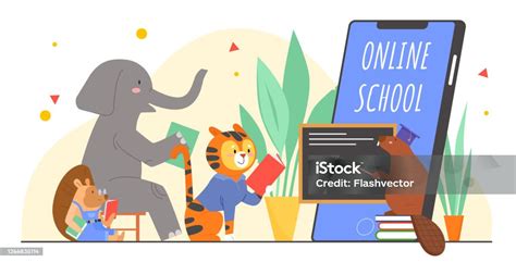 온라인 학교 교육 벡터 일러스트레이션 만화 플랫 코끼리 고슴도치 호랑이 비버 학생 캐릭터 는 흰색에 고립 된 가상 교실에서 공부 개념에 대한 스톡 벡터 아트 및 기타 이미지
