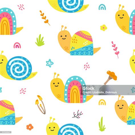 달팽이 무지개 버섯 꽃과 원활한 패턴입니다 직물 포장지 어린이 의류 섬유 벽지에 대 한 창조적 인 숲 질감 벡터 그림입니다 곤충에 대한 스톡 벡터 아트 및 기타 이미지