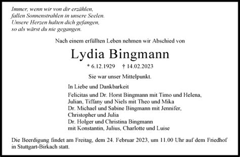 Traueranzeigen Von Lydia Bingmann Stuttgart Gedenkt De